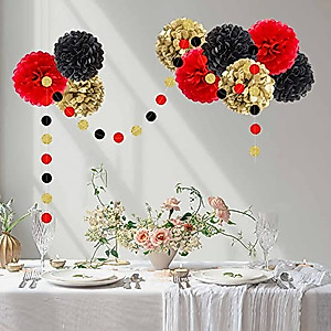 ANSOMO Black Red and Gold Party Decorations Paper Fans Lanterns Tissue Pom Poms Wall Hanging Decor Supplies Bridal Baby Shower Birthday Wedding Graduation