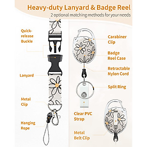 Uniclife Floral Sliding Badge Holder White Flower Plastic Case with Retractable Badge Reel Carabiner Clip and Detachable Lanyard Strap Hard Vertical Card Protector for Women Nurse Teacher Student