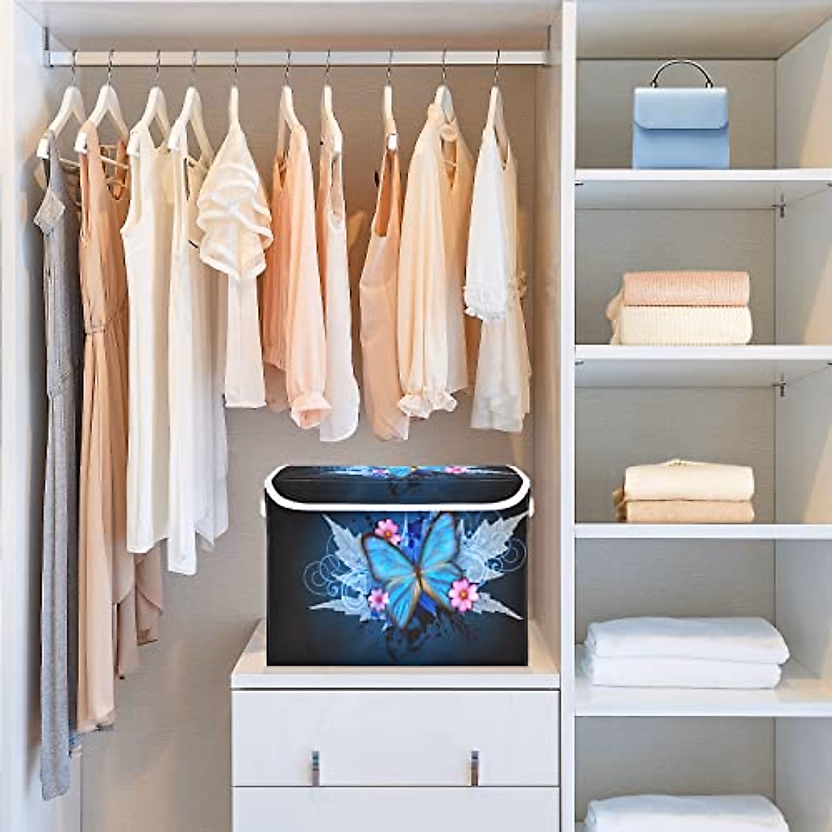 Butterfly Design Storage Basket 16.5x12.6x11.8 In Collapsible Fabric Storage Cubes Organizer Large Storage Bin with Lids and Handles for Shelves Bedroom Closet Office