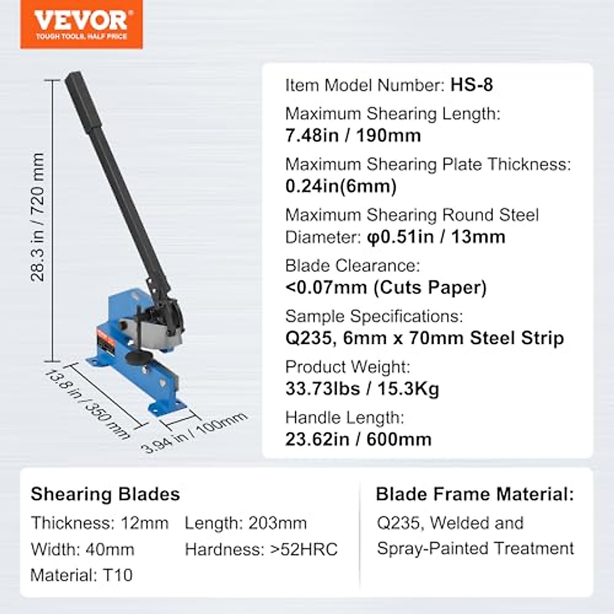 VEVOR Hand Plate Shear 8", Manual Metal Cutter Cutting Thickness1/4 Inch Thick Max, Metal Steel Frame Snip Machine Benchtop 7/16 Inch Rod, for Shear Carbon Steel Plates and Bars , Blue