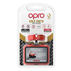 OPRO Gold Level Mouth Guard with Enhanced Breathability and Superior Comfort for Football, Rugby, Hockey, MMA, and Boxing - Dual Layer Protection Mouthpiece with Case, (Kid, Red/Pearl)
