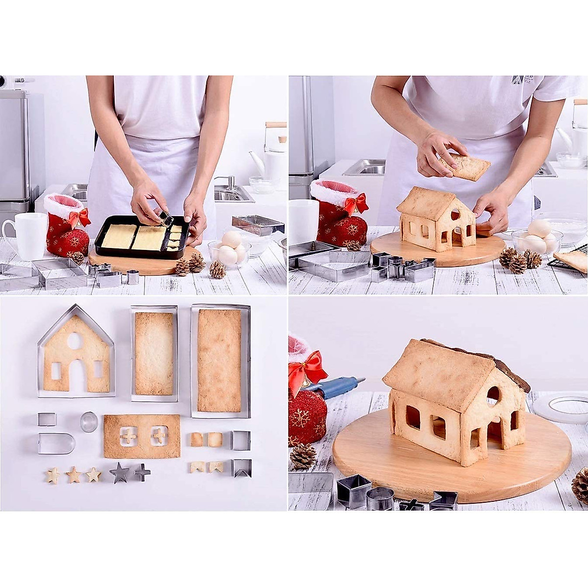 18pcs 3D Creative Christmas Cookie Cutters Set Gingerbread House Chocolate House Cutter Kit Biscuit Cake Bakeware Santa Elk Festival Xmas DIY 3D Type Cracker Cookie Mold