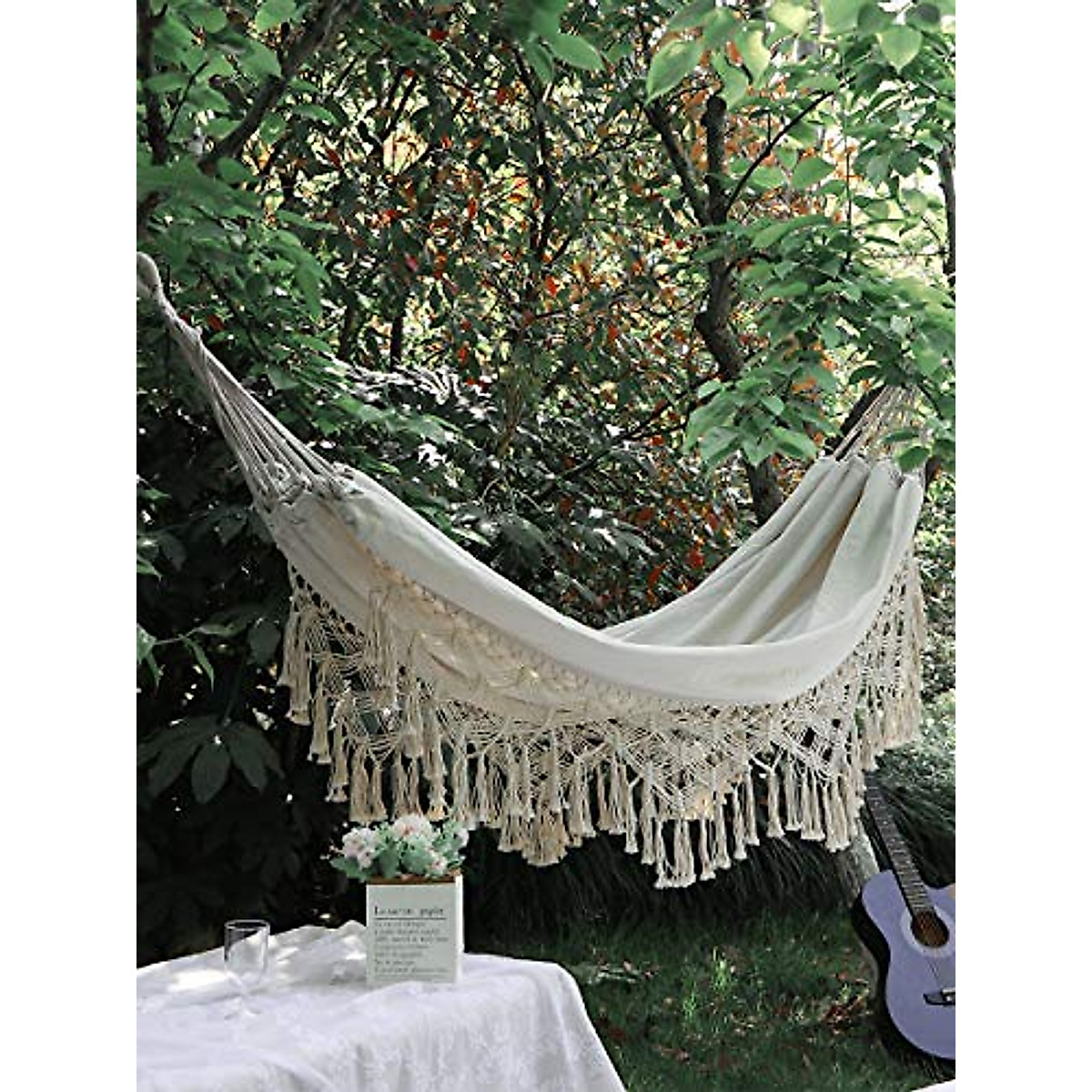 Hiplus Handmade Boho Large Brazilian Macrame Fringe 2 Person Double Deluxe Hammock Swing Net Chair for Beach, Yard, Bedroom, Patio, Porch, Indoor, Outdoor, Wedding Decor 79" Lx 59" W