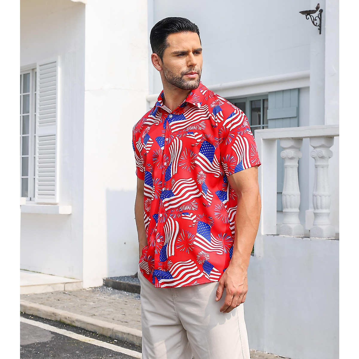 Fanient Button Down Shirt for Mens USA Flag Hawaiian Shirt Summer Beach Aloha Shirts Casual Novelty Slim Fit Patriotic Button Up Shirt M