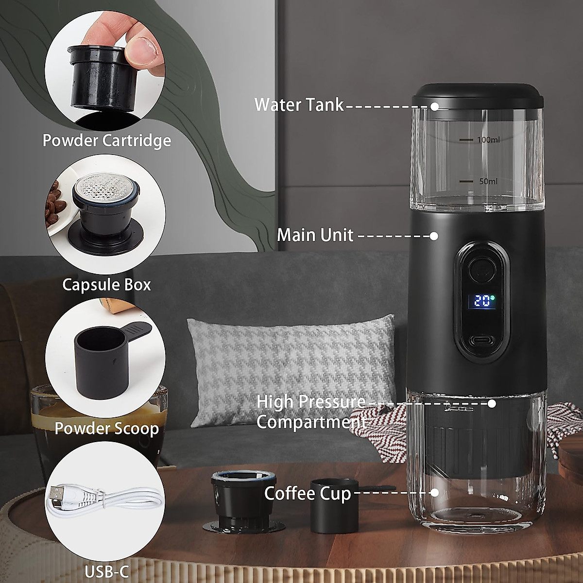 Portable Electric Espresso Coffee Machine - 2 IN 1 Wireless 15 Bar Pressure Mini Coffee Maker, Car Portable Coffee Machine Fully Charged Brew 75 Cups for Camping RV Hiking Office ( Not Self Heating)