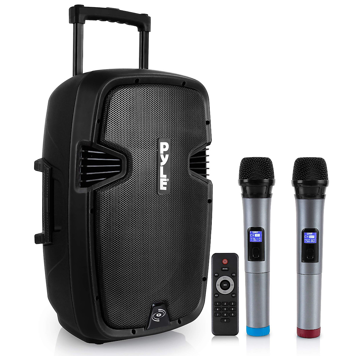 Pyle Karaoke Portable PA Speaker System - 1600W Active Powered Bluetooth Compatible Speaker, Rechargeable Battery, Easy Carry Wheels, USB MP3 RCA, FM Radio, 2 UHF Microphone, Remote - Pyle PPHP1599WU