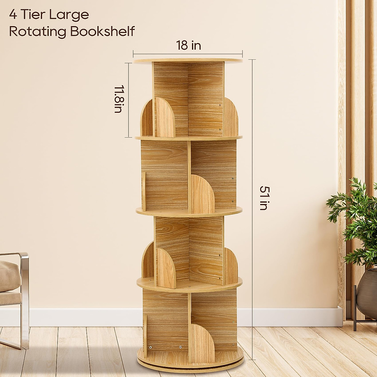 Dozont Upgraded 18" Rotating Bookshelf Tower, 4 Tier Circular Bookshelf for Kids&Adults, Wood 360° Floor Standing Book Storage Rack, Spinning Bookshelf Tower for Office Home Living Room Study, Wood