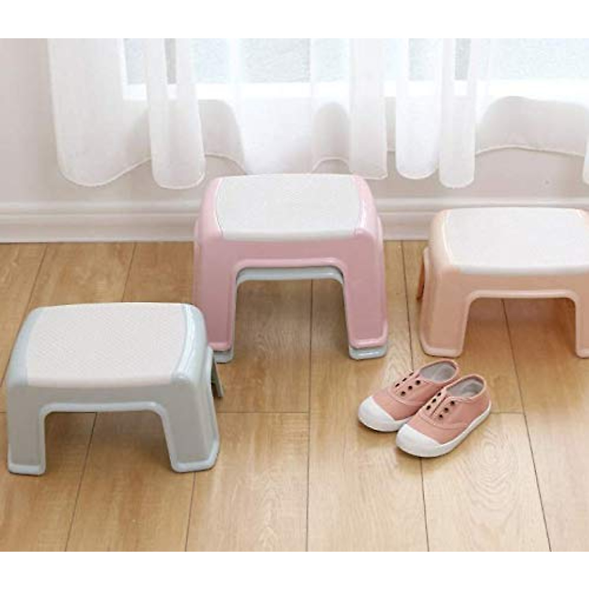 Step Stool Non-Slip Plastic Stool, Thick Plastic Stools for Adults Simple Stool for Living Room, Bathroom with Anti-Skid Pad Chairs for Home, Office - White Blue