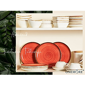 ONEMORE Ceramic Plates Set of 6, 8.5 inch Small Dinner Plates for Appetizer, Salad and Dessert. Oven, Microwave and Dishwasher Safe Plate. Rustic Kitchen Porcelain Dish - Red