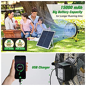 blessny 14 Inch Rechargeable Floor Fan Solar Powered, 15000mAh battery Portable Cordless Floor Fan with 12 Speeds Metal Blades for Outdoor, Camping, BBQ, Fishing