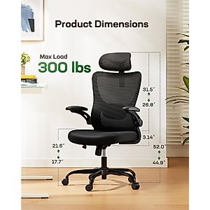 Marsail Ergonomic Office Chair: Office Computer Desk Chair with High Back Mesh and Adjustable Lumbar Support Rolling Work Swivel Task Chairs with Wheel 3D Armrests and Headrest