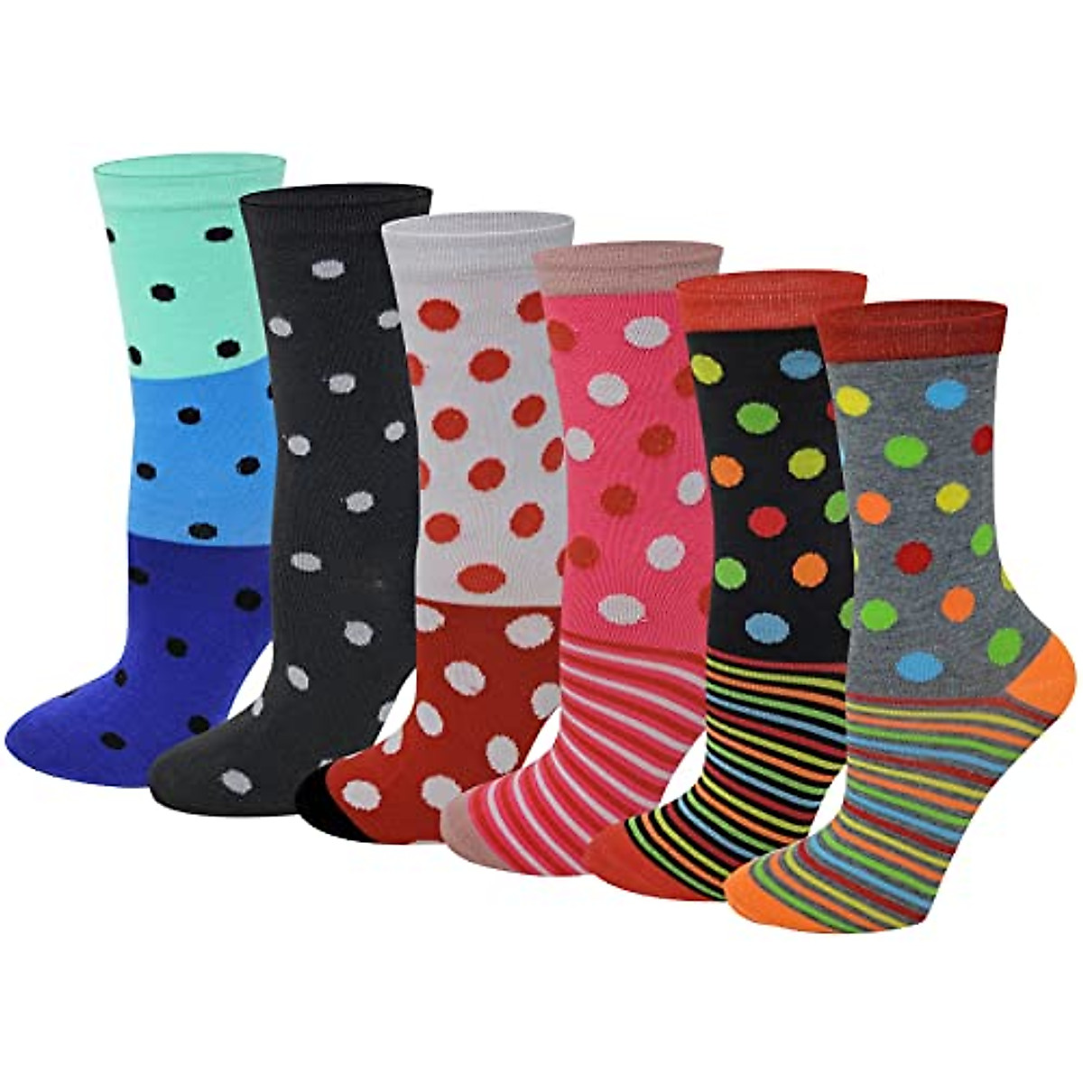 Sumona 6 Pairs Women Colorful Fancy Design Soft & Stretchy Novelty Crew Socks (Bright Polka Dot)