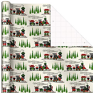 Hallmark Black Christmas Wrapping Paper with Cut Lines on Reverse (3 Rolls: 120 sq. ft. ttl) Retro Santa, Black and White Buffalo Plaid, Train and Trees