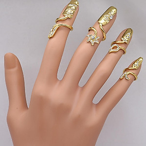 4 Pcs Opening Crystal Fingernail Ring Adjustable Rhinestone Nail Decoration Flower Finger Tip Rings Decoration Art Charm Fashion Accessories for Women Girls Gold Plated