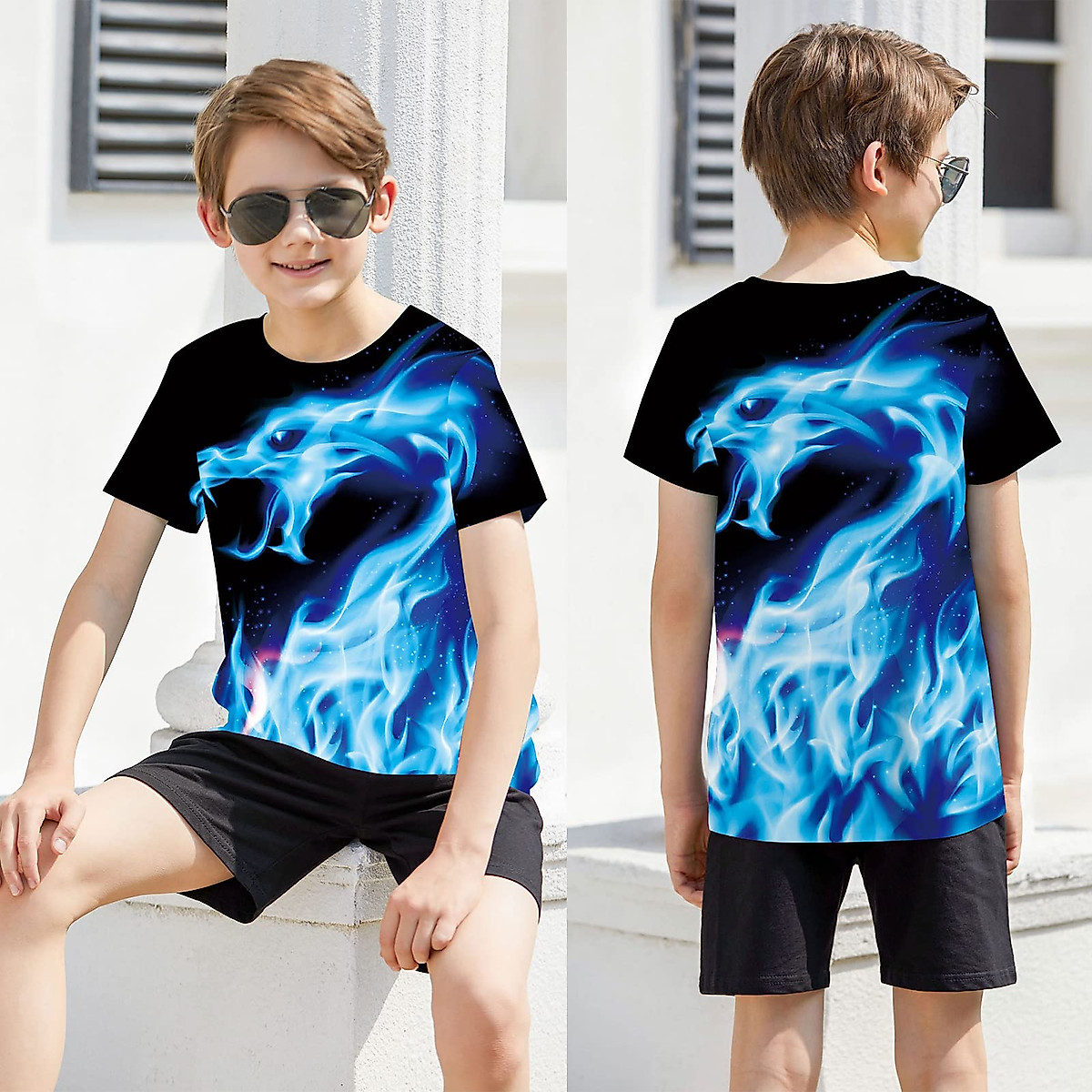 RAISEVERN Boys Dragon Shirts Summer Short Sleeve 3D Print T-Shirts Crewneck Cool Tees Tops Girls Shirt Blue Clothes Outfits Blue Size 9-11T