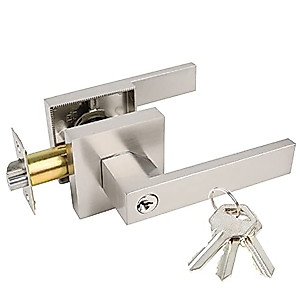 Square Interior Door Handle Brushed Nickel,Keyed Entry Lever Lock for Exterior Door,Satin Nickel Door Handle with Lock and Keys,Heavy Duty Door Handle for Bedroom/Bathroom,Left or Right Handing,1 Pack