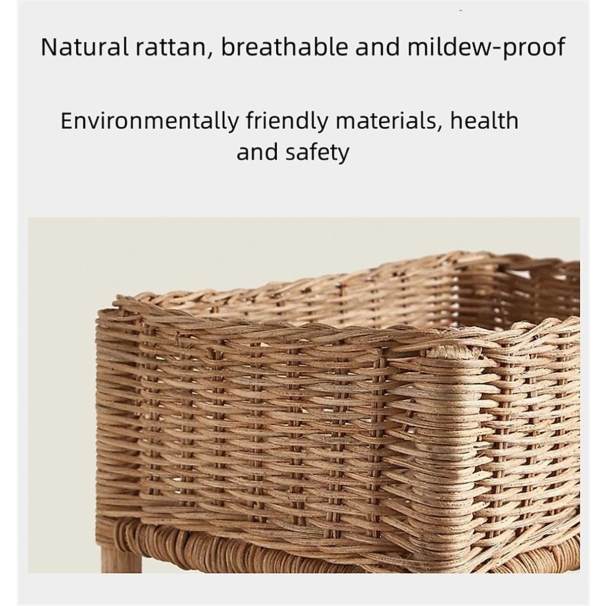 Rattan Shelving Unit 3 Tiers Standing Wooden Caddy | Hand Woven Portable Laundry Bin Basket | Living Room, Bedroom, Kitchen Organizer