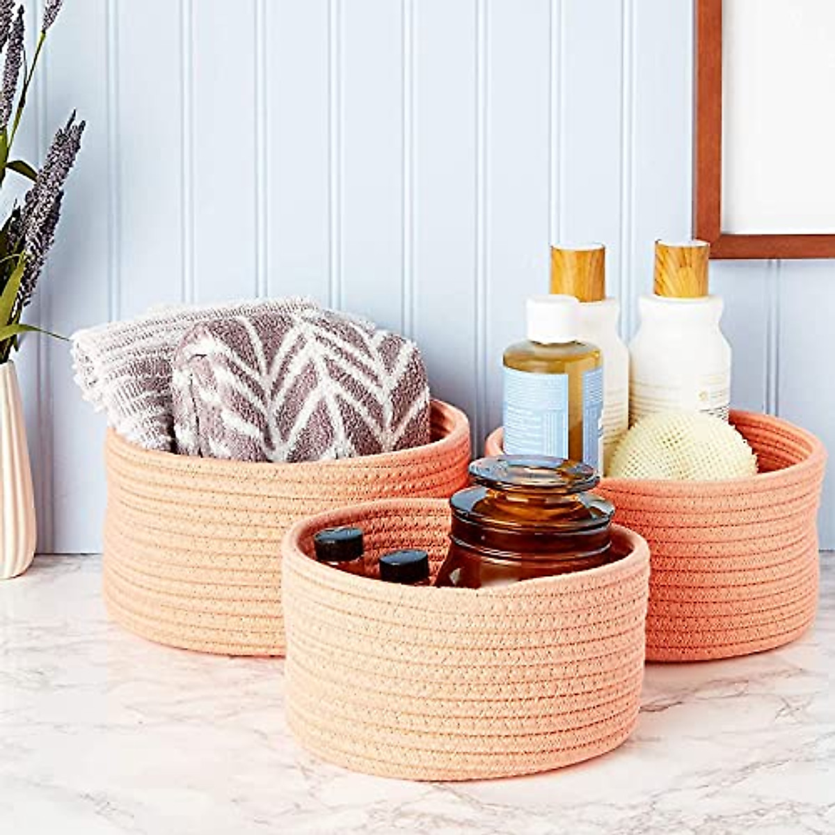 Farmlyn Creek Cotton Woven Baskets for Storage, Peach Organizers (3 Sizes, 3 Pack)