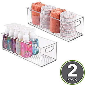 mDesign Plastic Toiletry Organizer for Bathroom - Storage Holder Bin w/Handles for Vanity, Drawers, Dresser - Holds Hair Products, Makeup, Lotion, Skincare and More - Ligne Collection - 2 Pack, Clear
