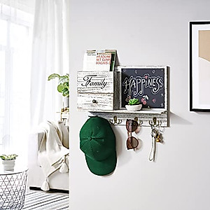BEWISHOME Key Holder for Wall Decorative Mail Organizer Wall Mount with 4 Double Key Hooks, Wood Mail Holder with Shelf, Drawer, Chalk, Rustic Farmhouse Wall Shelf with Hooks, White, YYJ01W