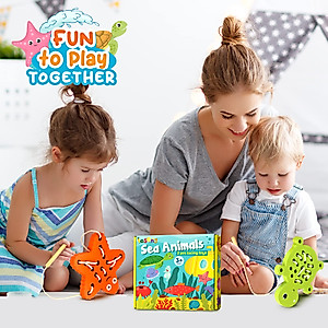 KLT Wooden Lacing Threading Toys for Toddlers Fine Motor Skills, 1 Turtle 1 Starfish Car Airplane Toddler Travel Toys, Wood Puzzle Educational Gifts Learning Montessori Toys for 3, 4, 5 Years Old Kids