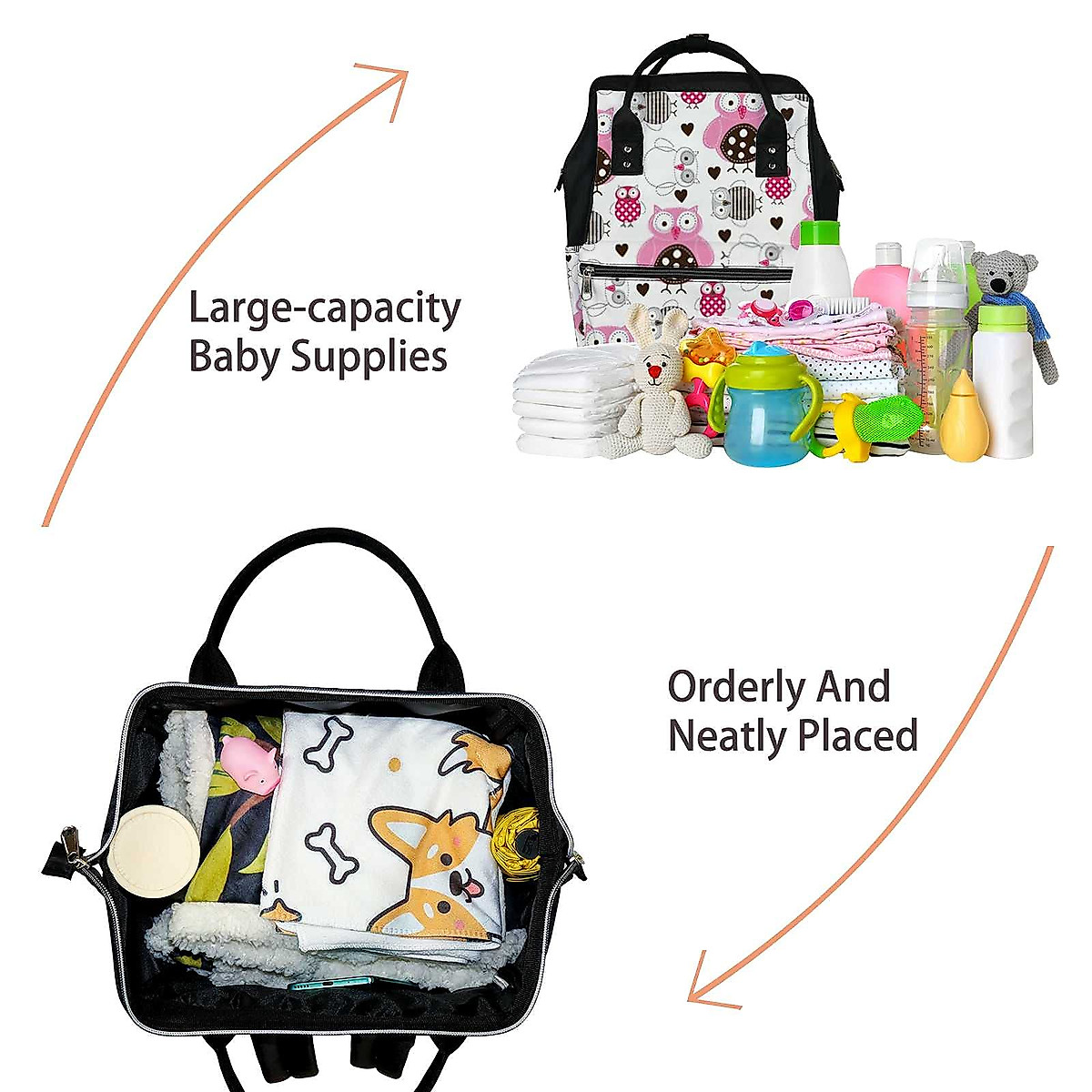 Black and White Cute Cartoon Kawaii Animals owl Diaper Bag Backpack, waterproof backpack Baby Nappy Changing Bags Laptop Backpack for Travel, Large Capacity, Durable and Stylish for Woman and Men.