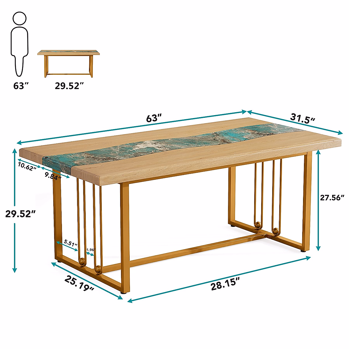 Tribesigns 63 Inches Conference Table with Amazonian Green Faux Marble & Light Brown Finish, Modern 5FT Meeting Tables with Stylish Metal Legs, Rectangular Business Seminar Training Table
