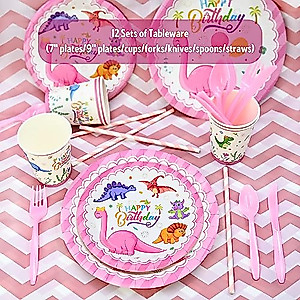 Party Spot! 150 pcs Dinosaur Birthday Party Supplies For Girls (Serves 12), Pink Dinosaur Party Decorations, 50 pcs Latex Balloons, 12 sets Tableware, Plates, Tablecloth, Installation Tools