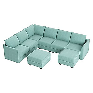 HONBAY Modular Sectional Sofa with Storage Seat Oversized U Shaped Modular Couch with Reversible Chaise Sectional Sleeper Sofa with Ottoman for Living Room, Aqua Blue