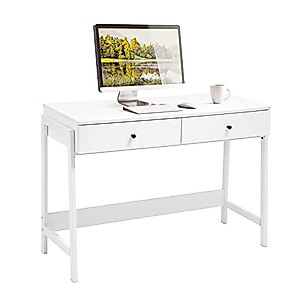 JOINHOM White Desk with 2 Drawers, Home Office Studying Working Desk, Makeup Vanity Table Desk for Bedroom