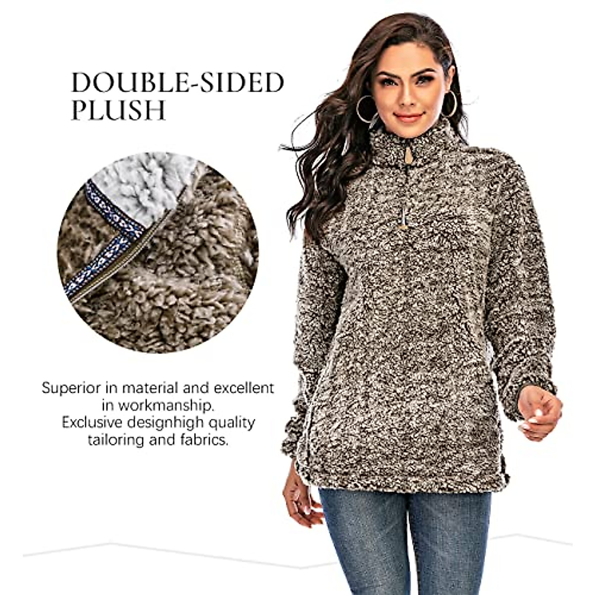 Les umes Women's Zipper Sherpa Pullover Fuzzy Fleece Sweatshirts Jacket Winter Oversized Outwear Coat Brown 2XL