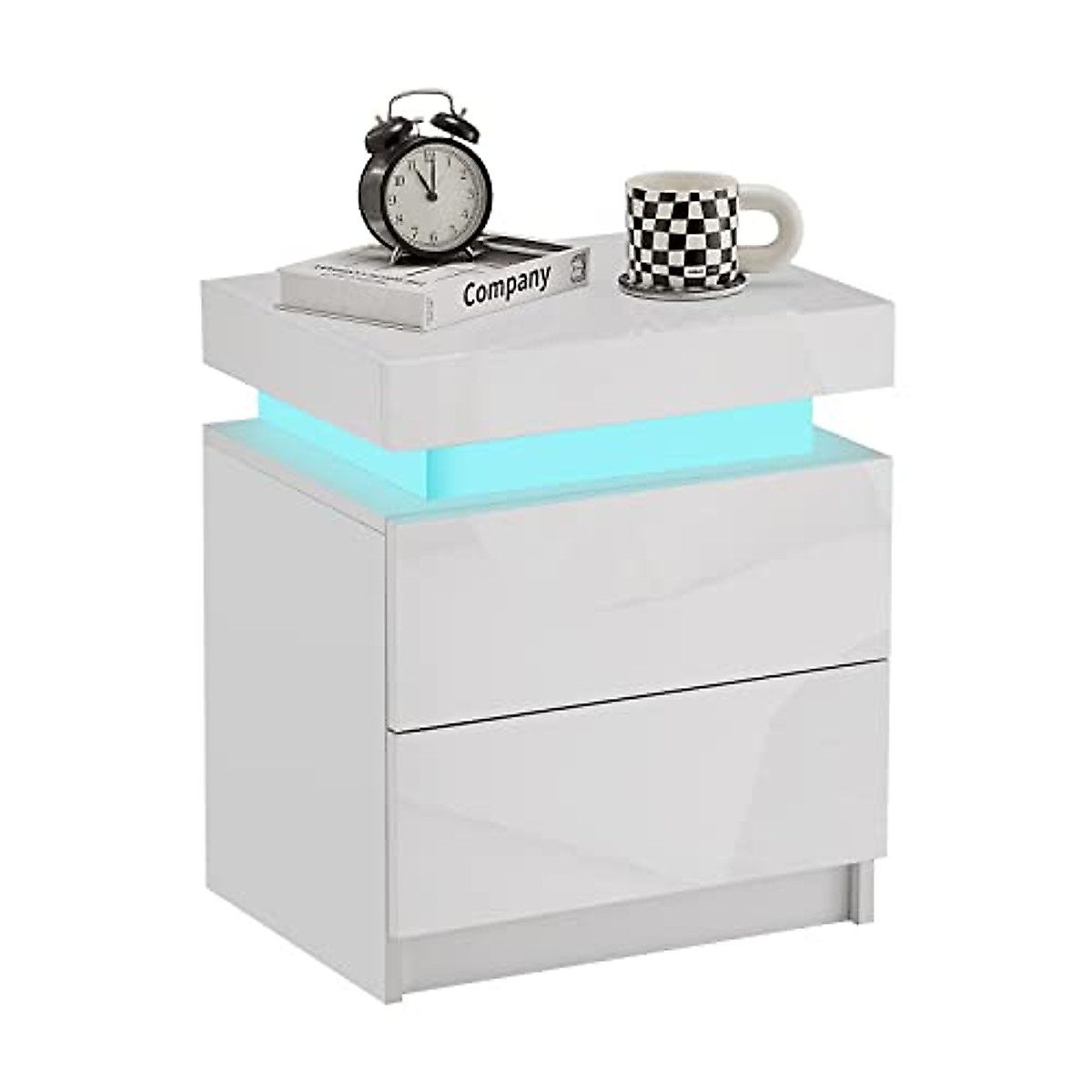 CLIPOP Modern Nightstand, LED Night Stand with 2 High Gloss Chest of Drawers, Bedside Table Cabinet with Remote Control Light, Wood Matte Nightstand 20.6" Tall Bedroom Furniture, White