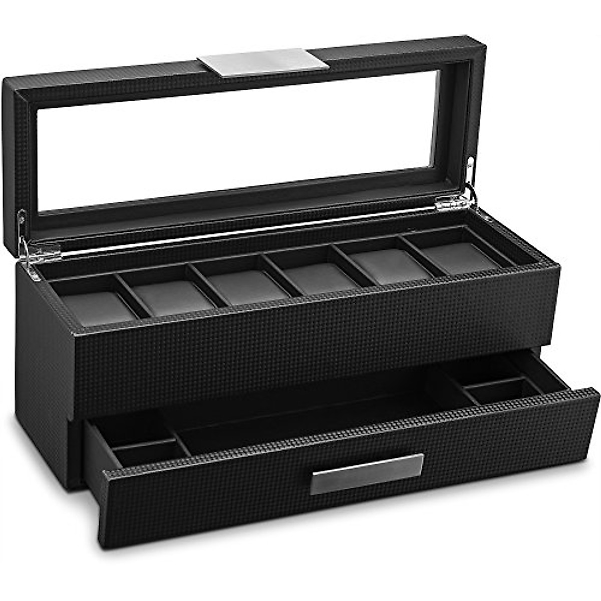 Glenor Co Watch Box with Valet Drawer for Men - 6 Slot Luxury Watch Case Display Organizer, Carbon Fiber Design -Metal Buckle for Mens Jewelry Watches, Men's Storage Holder Boxes has a Large Glass Top