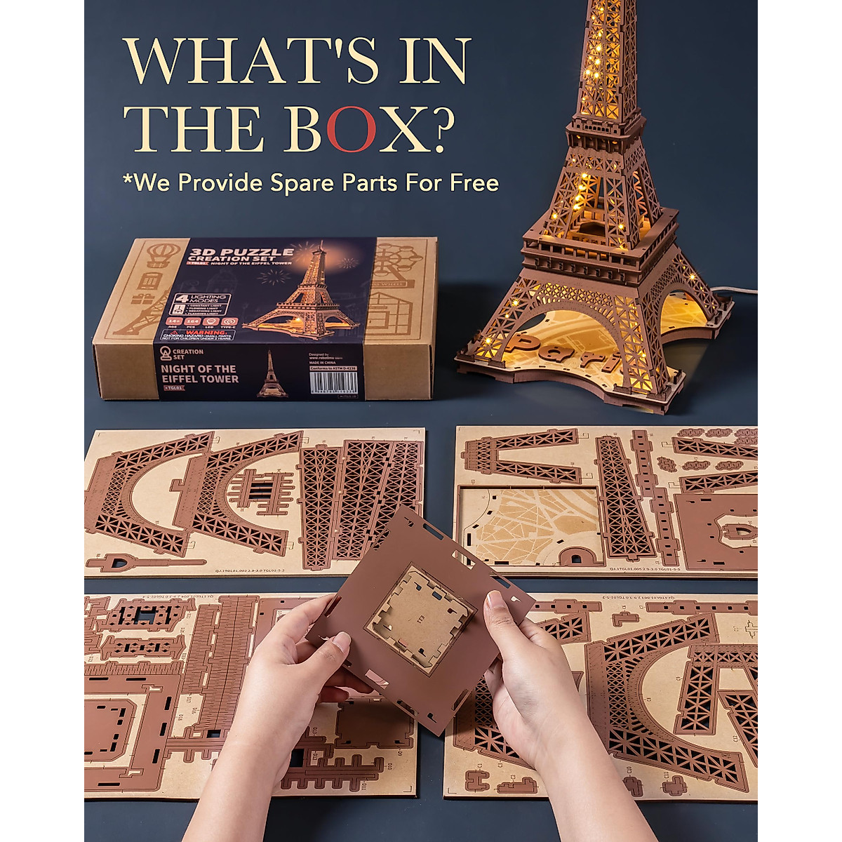 Rowood Eiffel Tower,3D Puzzle Model Kits for Adults,DIY 3D Wooden Puzzles for Adults,Builing Set with LED,Home Decoration Festival Gift Idea