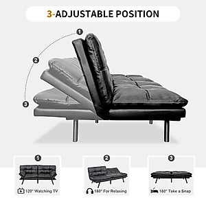 MUUEGM Faux Leather Futon Bed, Convertible Memory Foam Sofa Bed, Modern Love Seat for Living Room,Compact Space,Apartment,Office,Adjustable Backrests Armrests Couch Sleeper,71" Sofas, Matte Black