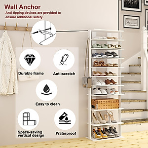 HOMEFORT 10-Tier Vertical Shoe Rack, Corner Shoe Tower, Double Rows 10 Tiers Shoe Shelf, Slim Shoe Storage Unit for 20 Pairs of Shoes, Shoe Stand for Entryway, Hallway, Closet (White)