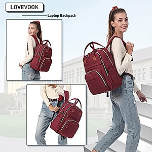 LOVEVOOK Laptop Backpack Purse for Women with 15.6-inch Laptop Compartment, Large Travel Anti-theft Work Bags with Lock, Business Computer College Backpacks, Casual Daypack with USB Port, Wine Red