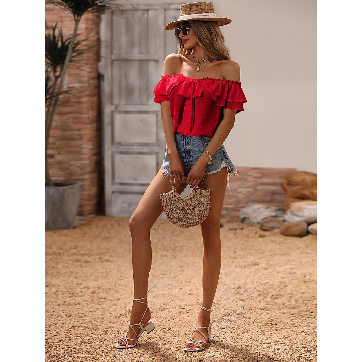 SweatyRocks Women's Off Shoulder Ruffle Trim Knot Front Blouse Tiered Layer Butterfly Short Sleeve Chiffon Tops Summer Red L