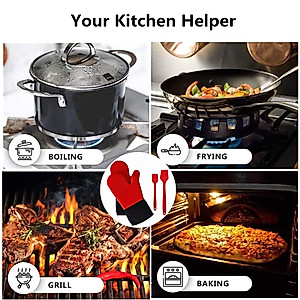 Oven Mittens and Oil Brush Set,Heat Resistant Cooking Gloves ，Waterproof and Non-Slip Kitchen Silicone Mitts with Inner Cotton Layer for Cooking, BBQ，Baking, Set of 4(Red)