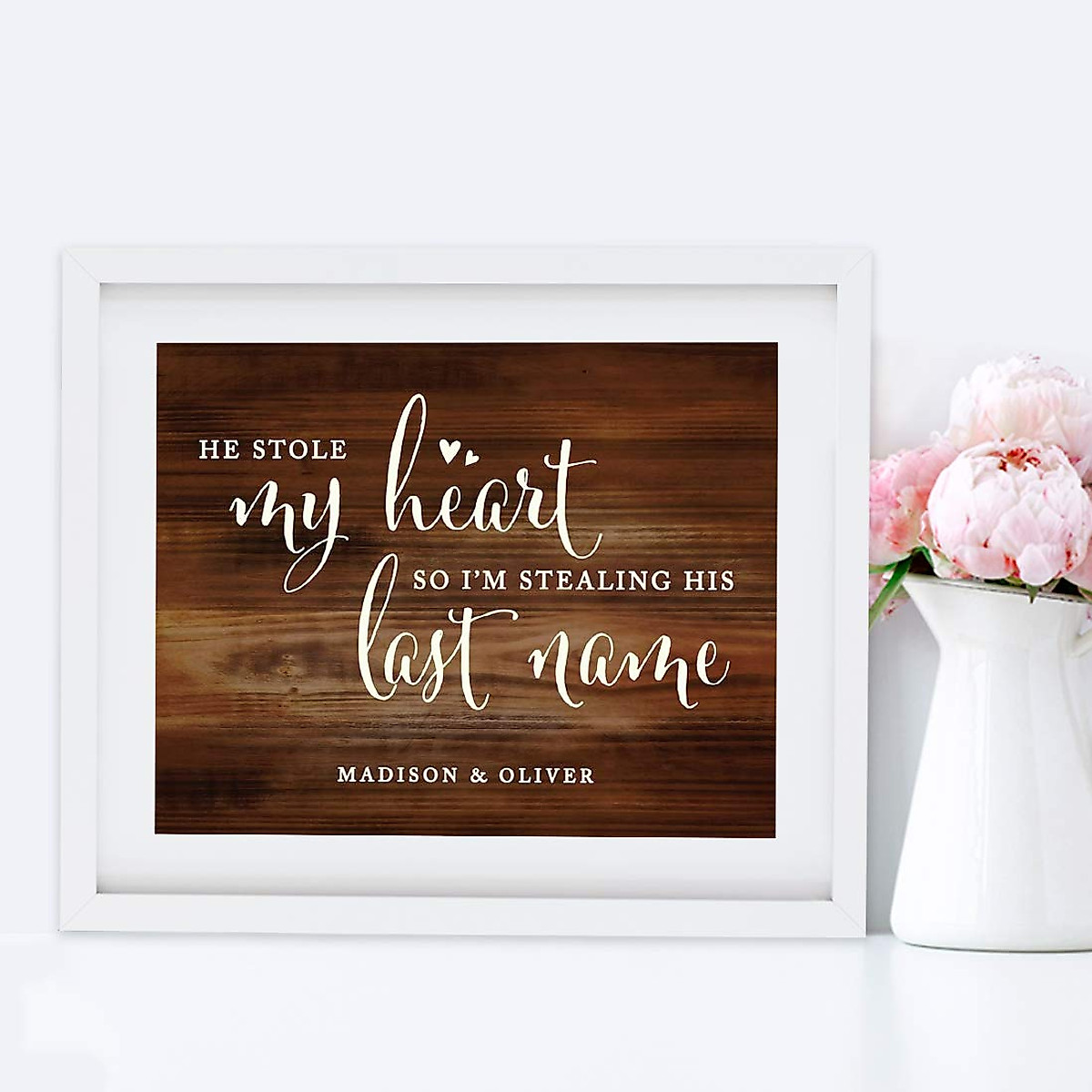 Andaz Press Personalized Wedding Party Signs, Rustic Wood Print, 8.5-inch x 11-inch, He Stole My Heart, So I'm Stealing His Last Name, 1-Pack