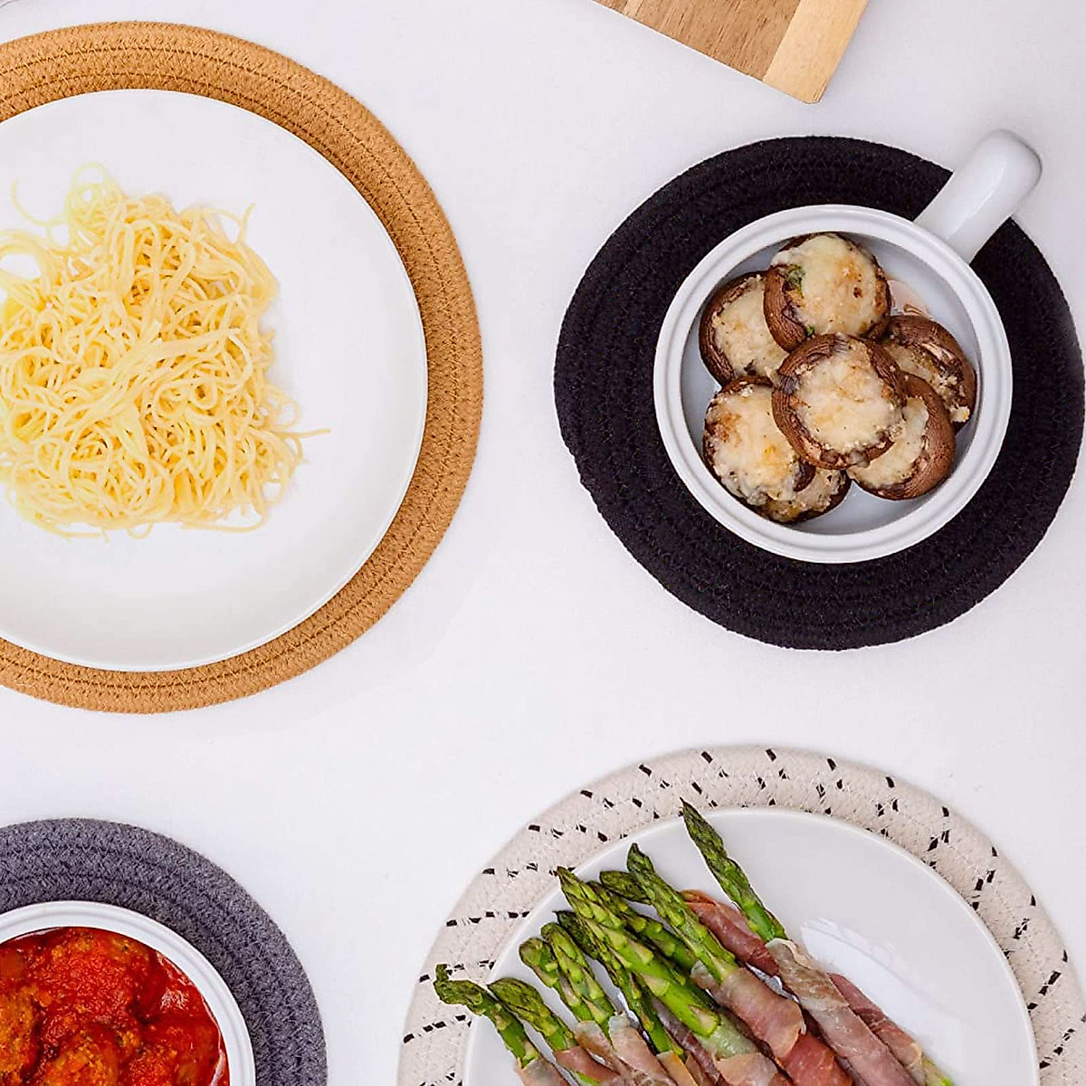 Casaphoria Potholders Set Trivets Set 4pcs 2Sizes 7 & 9 Inches Diameter 100% Eco Pure Cotton Thread Weave Trivets Hot Pots Pans Kitchen Trivets Dishes (Touch of Glam), Brown and Black