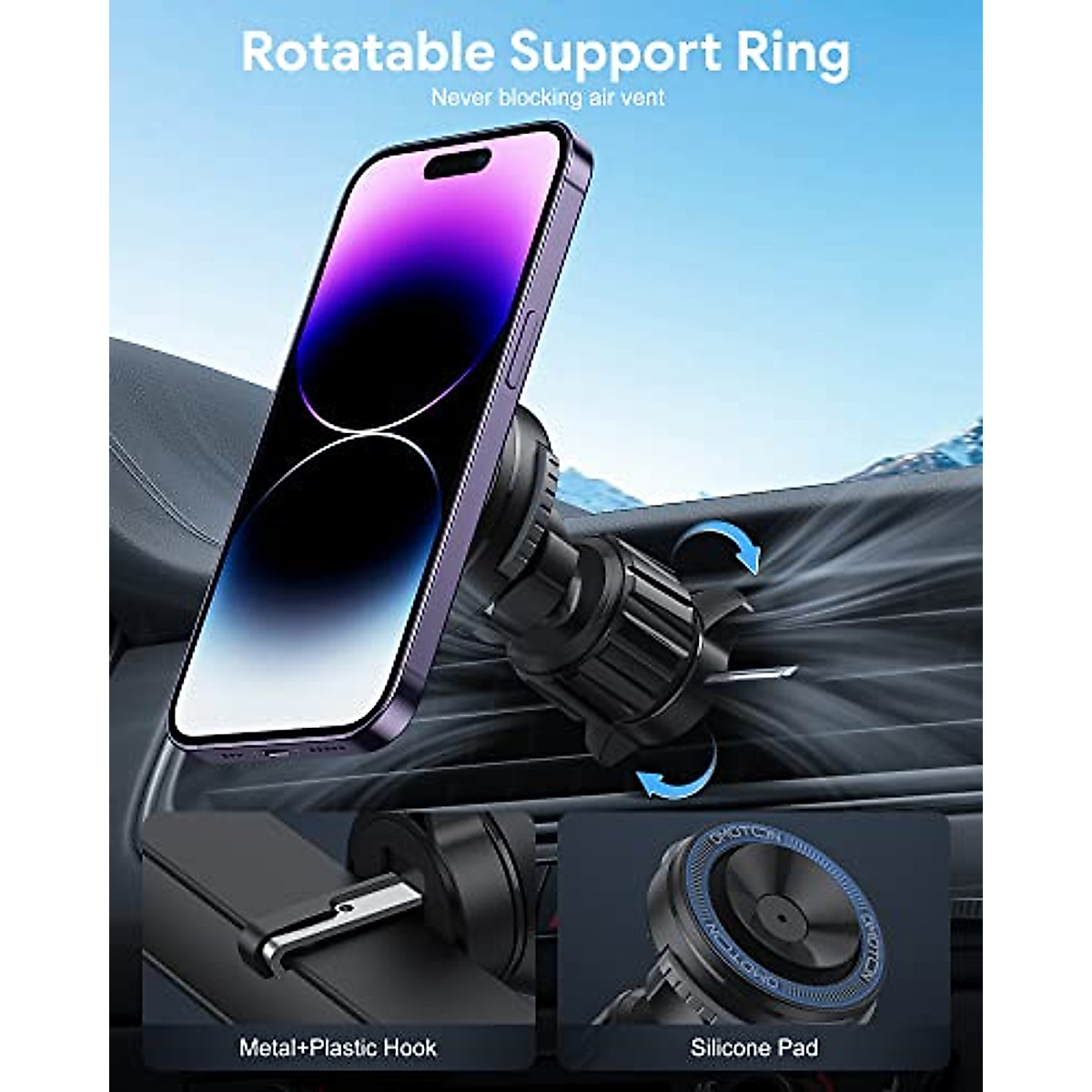 OMOTON for MagSafe Car Mount, O-Mag DriveSafe Magnetic Air Vent Car Phone Holder, Powerful Magnetic Mounting and Vacuum Suction Cup for iPhone 14 13 12 Pro Plus Max Mini MagSafe Case