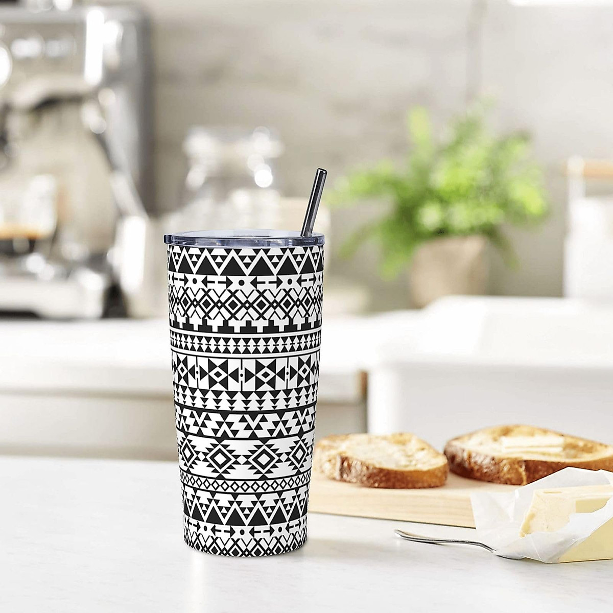 JASROTAO Black Navajo Print Tumbler,Geometric print 20oz Stainless Steel Insulated Travel Tumbler,Travel Coffee Mug with Lid and Straw Water Bottle Drink Tumbler Cups Gifts for Women Men Lovers