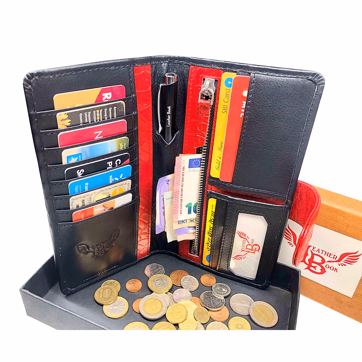 Leather Book LW-1804 Red Crocodile Ladies Wallet|10 card slots|1 card window|4 slide pockets|1 zip pocket | Black Cowhide & Red cowhide Crocodile Print Leather