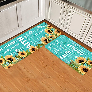 Sunflowers Hope Kitchen Rugs and Mats 2 Pieces,Positive Attitude Words Turquoise Decorative Carpet Floor Mat for Home Area Runner Non Slip Doormat