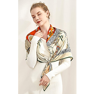 Grace Scarves 100% Silk Scarf, Extra-Large, Emperor's Phoenix, Ivory w Green Trim