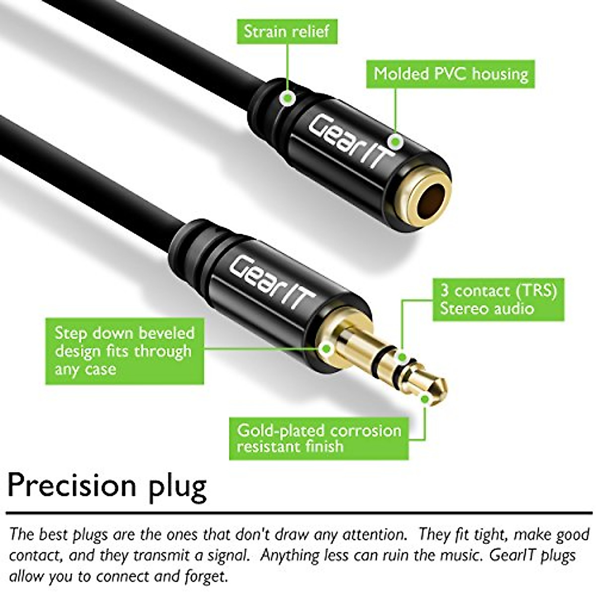 6ft 3.5mm Extension Cable, GearIT Pro Series Preminun Gold Plated 6 Feet 3.5mm Auxiliary Audio Stereo Extension Male to Female Cable, Black
