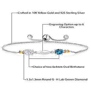 Gem Stone King 925 Sterling Silver and 10K Yellow Gold Personalized 2-Stone Oval Birthstones and White Lab Grown Diamond Name Engraved Adjustable Tennis Bracelet For Women For Mother's Mom Wife Her