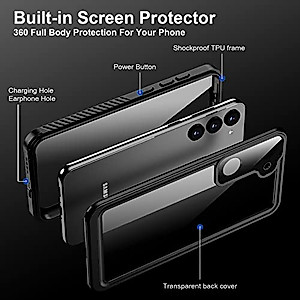 AMILIFECASES Clear Samsung Galaxy S23 Case,with Screen Protector,Waterproof Protective Case for Men Women,Samsung Phone Heavy Duty Shock Proof,Black