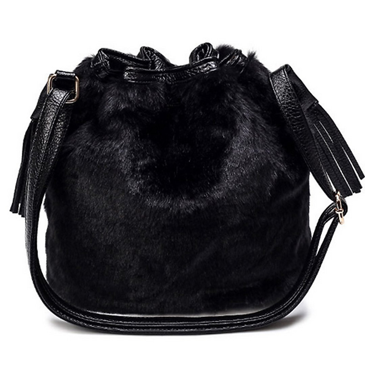 Van Caro Women’s Faux Fur Drawstring Bucket Bag Shoulder Crossbody Bag, Black